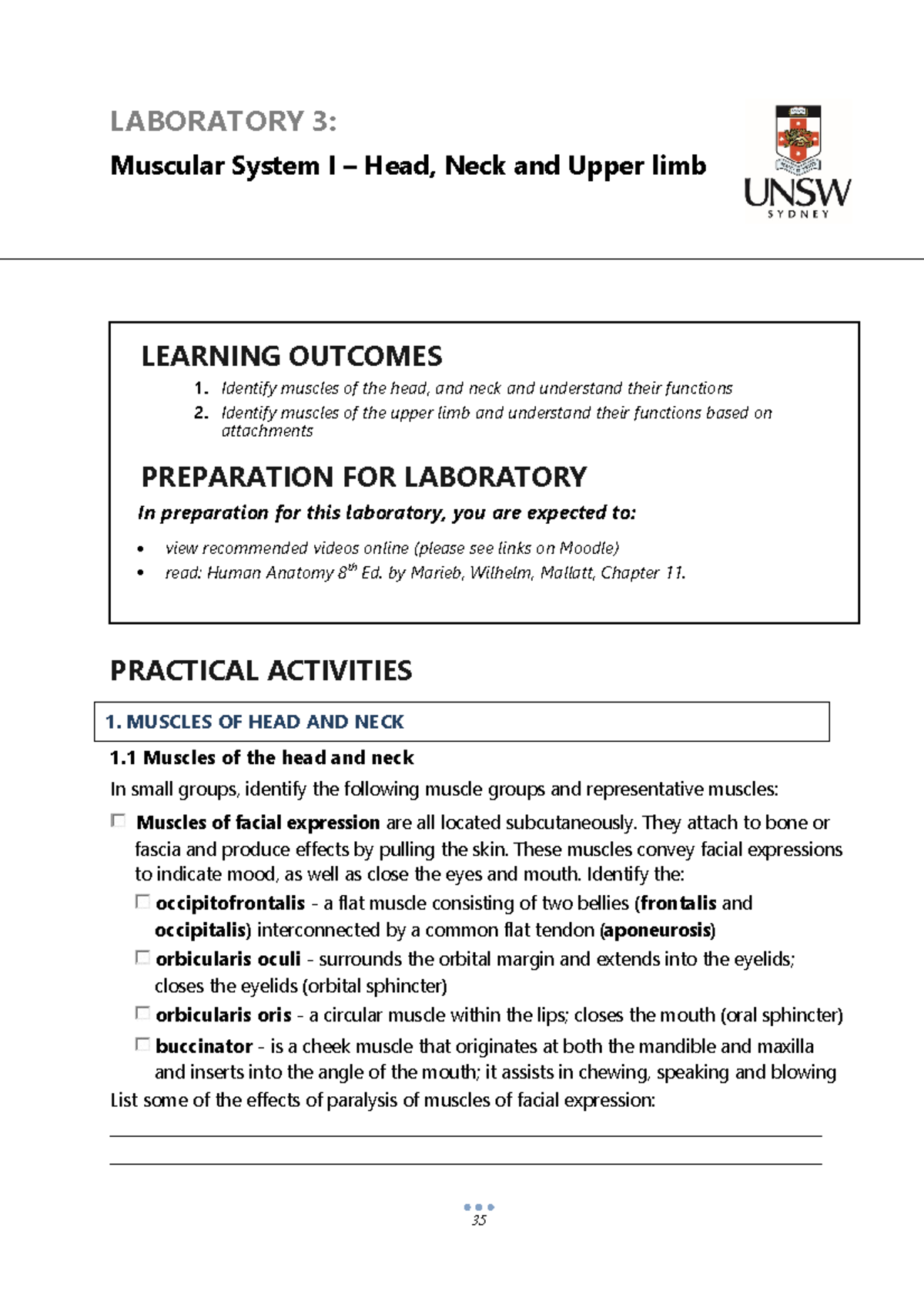Lab 3 and 4 - Muscular system - LABORATORY 3: Muscular System I – Head ...