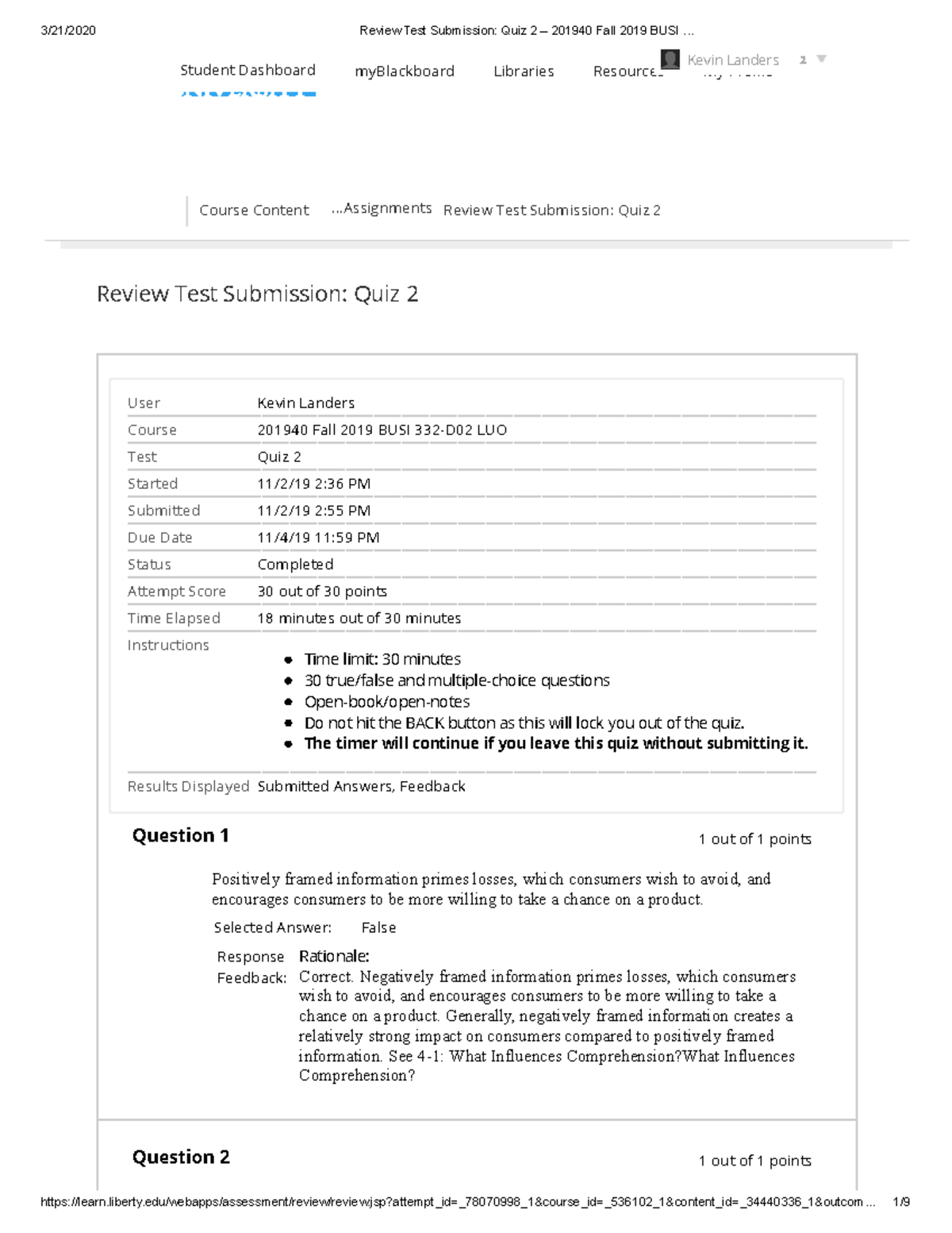 Review Test Submission Quiz 2 – 2019 40 Fall 2019 BUSI - Course Content ...