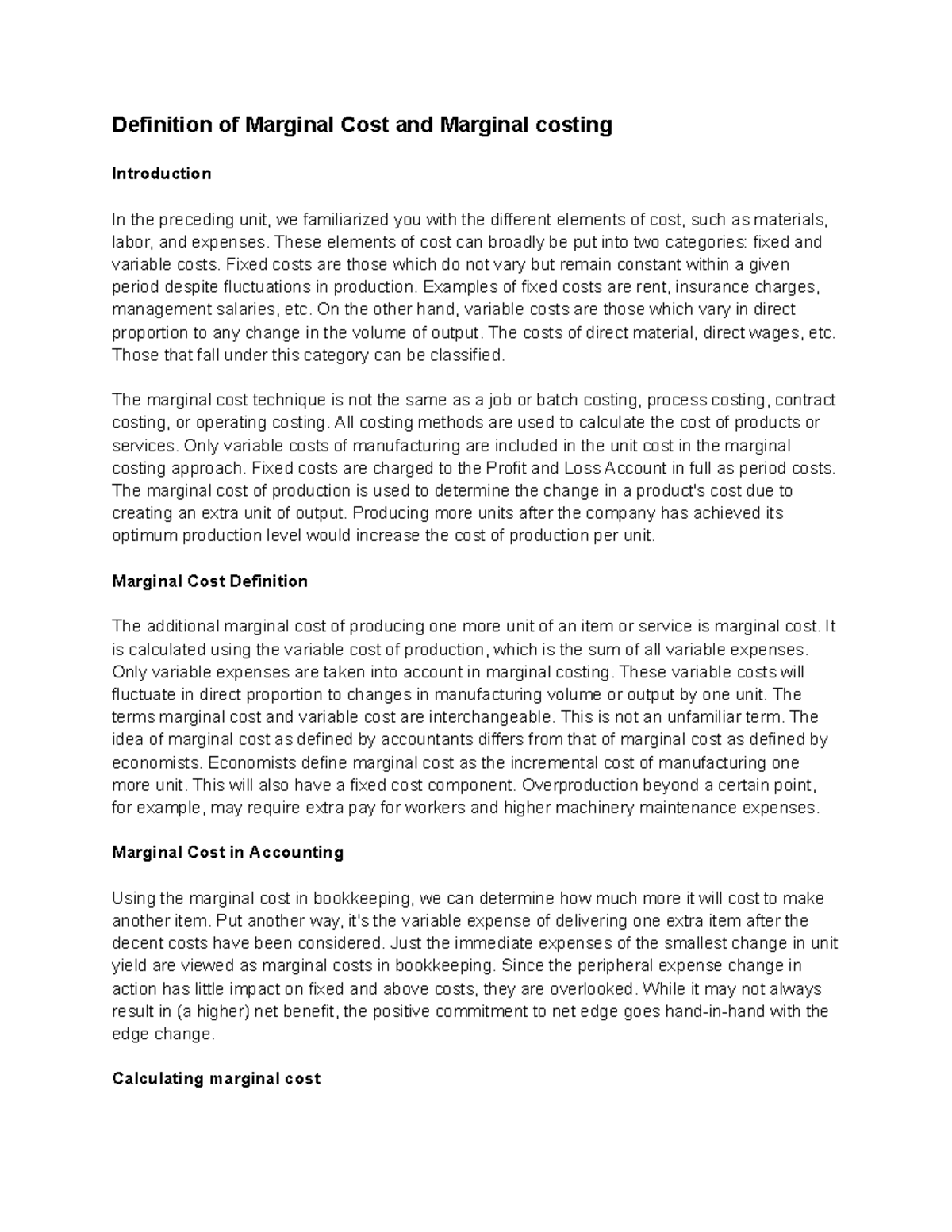 Definition of Marginal Cost and Marginal costing - Definition of ...