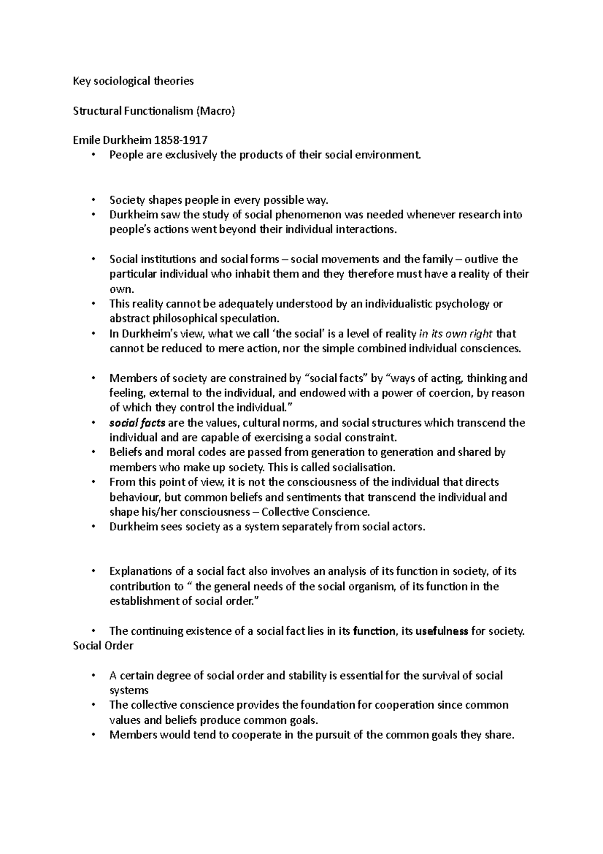 Key sociological theories - Key sociological theories Structural ...