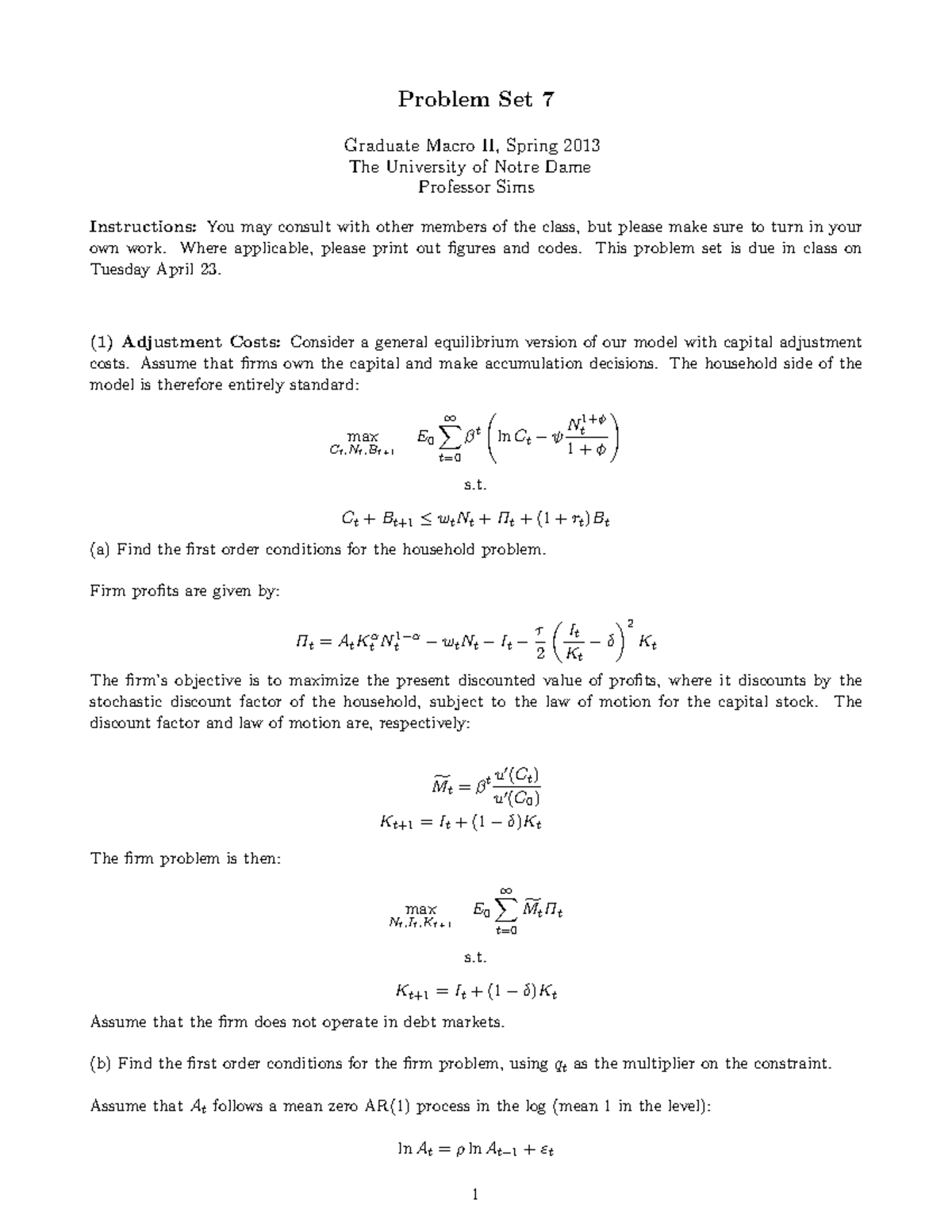 Problem set 7 spring 2013 - Problem Set 7 Graduate Macro II, Spring ...