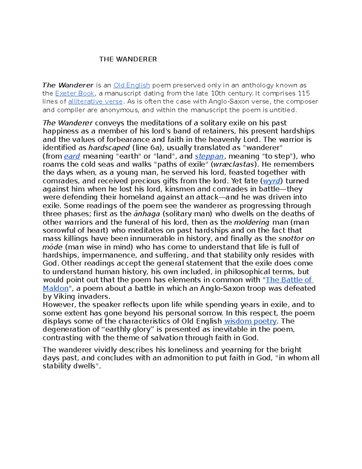 The Wanderer - THE WANDERER The Wanderer is an Old English poem ...