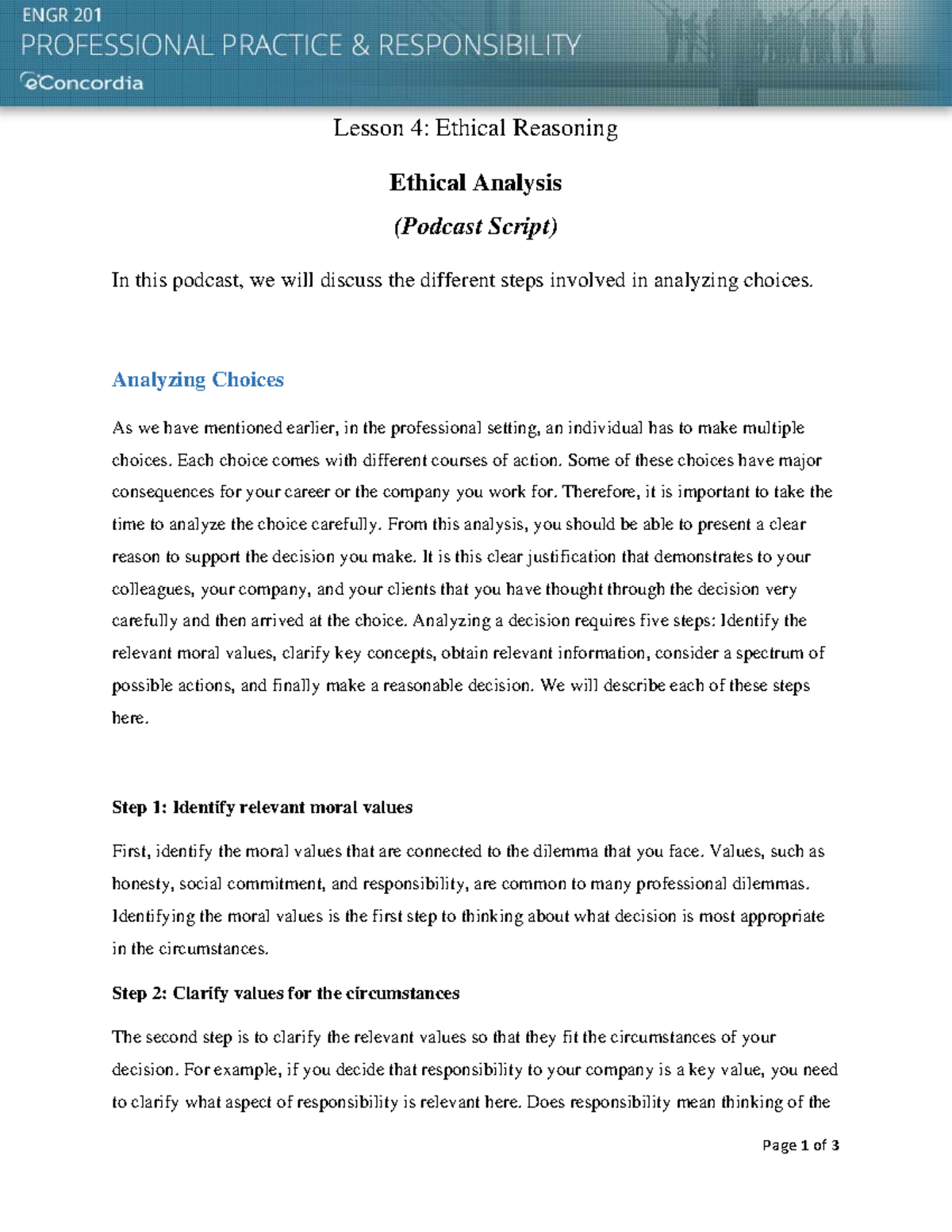 Podcast Script 4 2 - Page 1 of 3 Lesson 4: Ethical Reasoning Ethical Analysis (Podcast Script ...