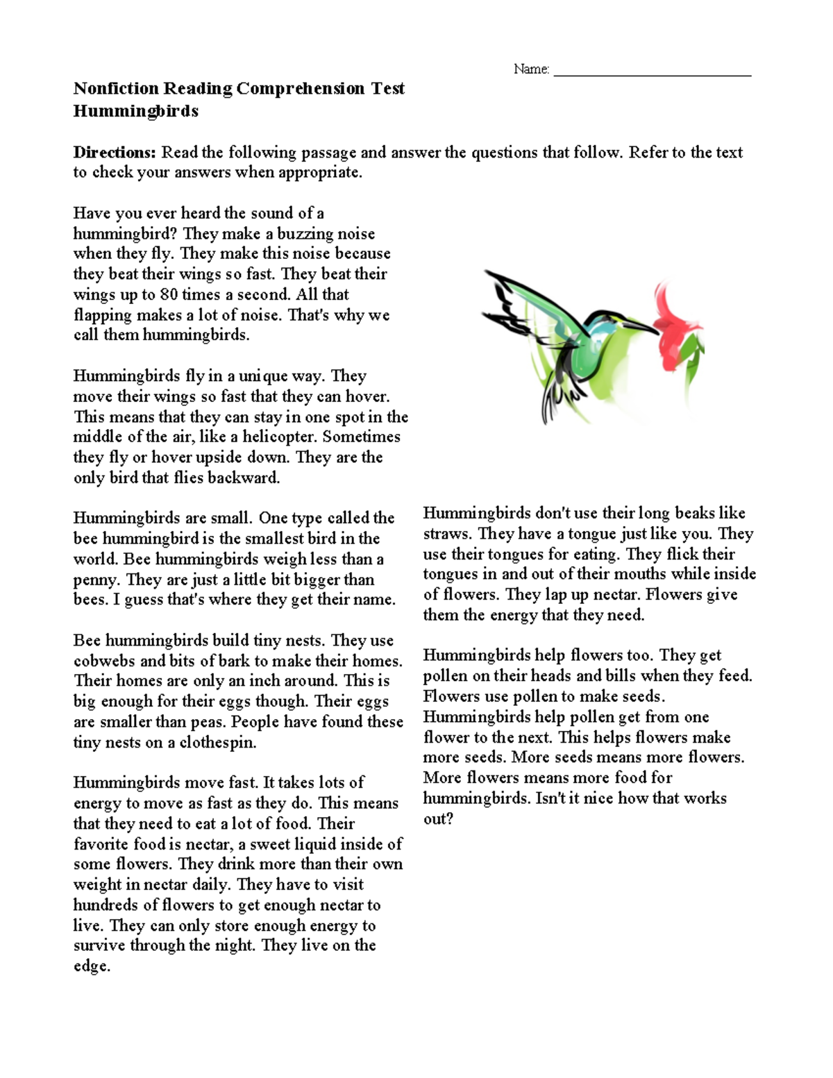 Nonfiction reading test hummingbirds - Name ...