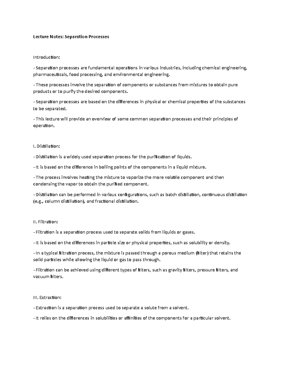 Lecture Notes Separation Processes Lecture Notes Separation