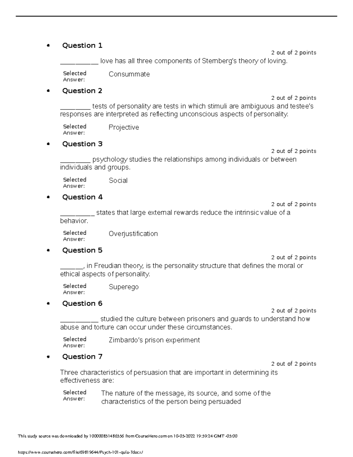 Psych 101 quiz 7 - LUO - Question 1 2 out of 2 points __________ love ...