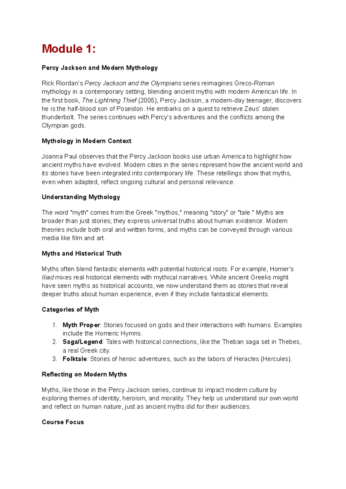 CLAS Module Notes - Module 1: Percy Jackson and Modern Mythology Rick ...