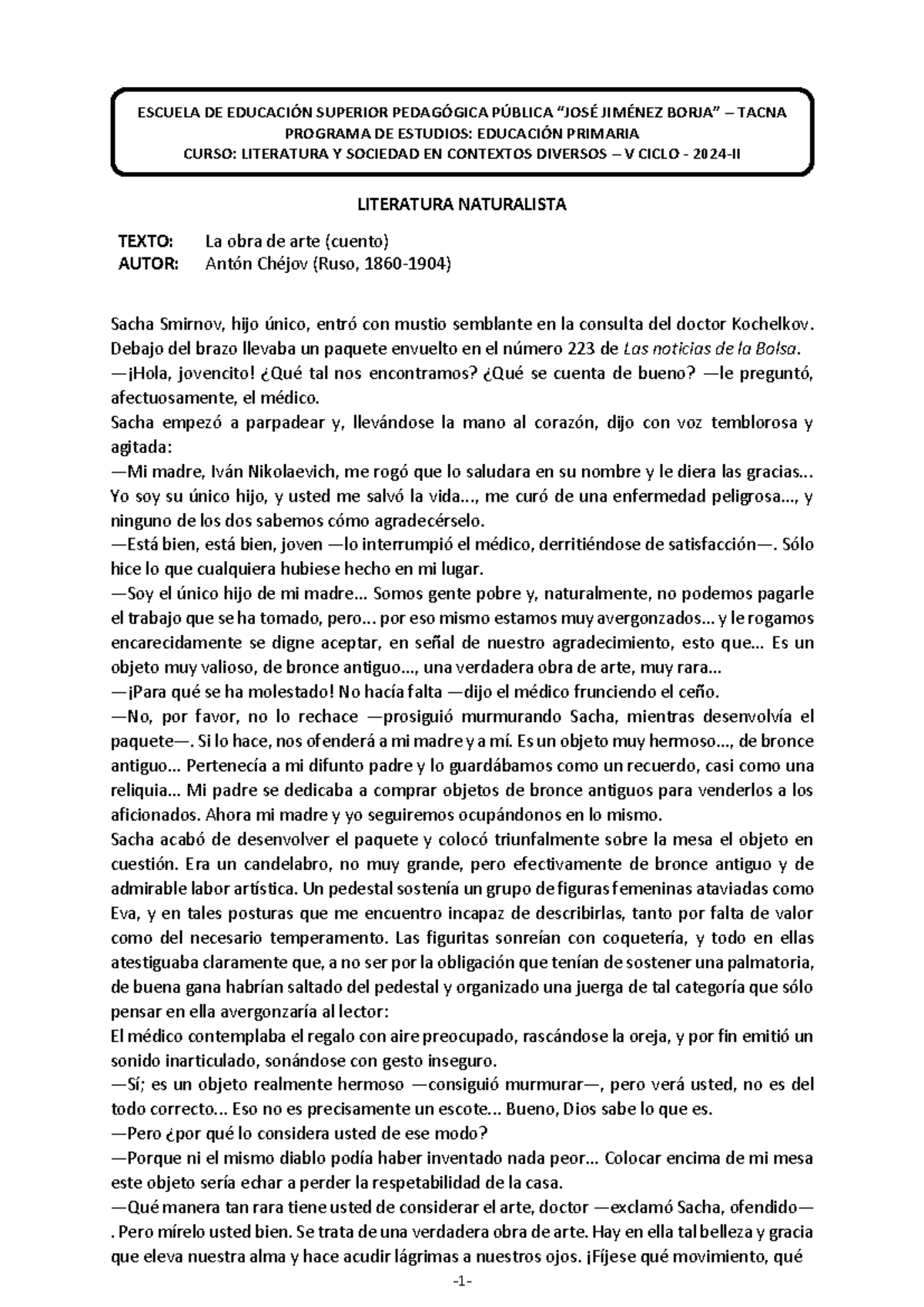 Texto Cuento LA OBRA DE ARTE Literatura Naturalista - LITERATURA ...