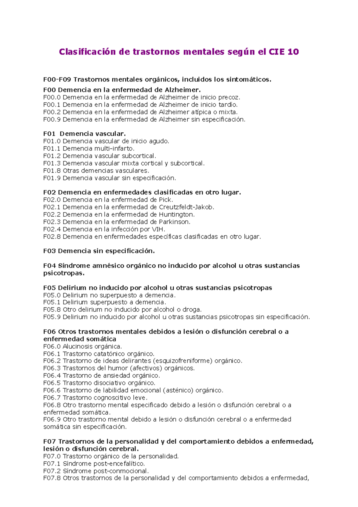 Clasifica CIE 10 - notas opos - Clasificación de trastornos mentales según el CIE 10 F00-F09 ...