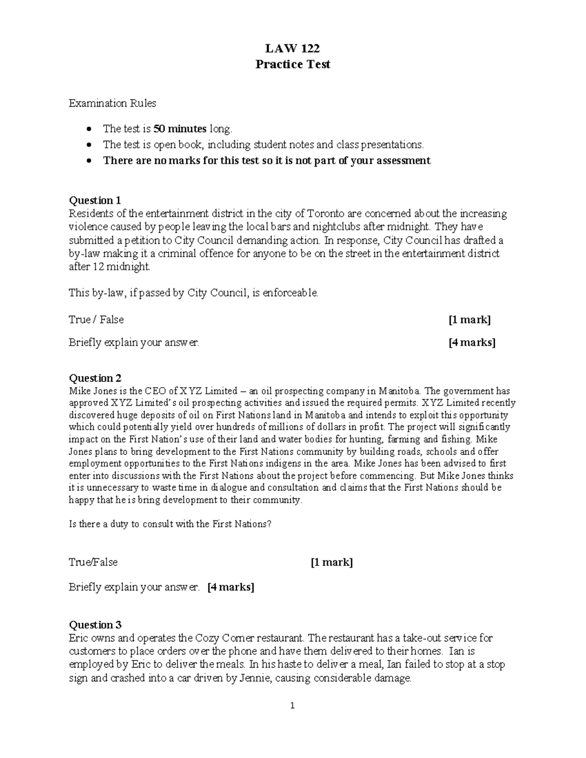 Practice Test Questions - 1 LAW 122 Practice Test Examination Rules ...