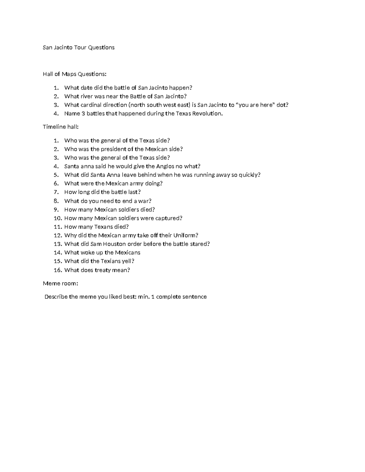 San jacinto questions - history - San Jacinto Tour Questions Hall of ...