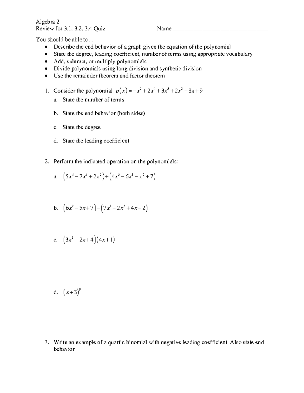 3.1, 3.2, 3.4 Review 2021 - Algebra 2 Review for 3, 3, 3 Quiz Name