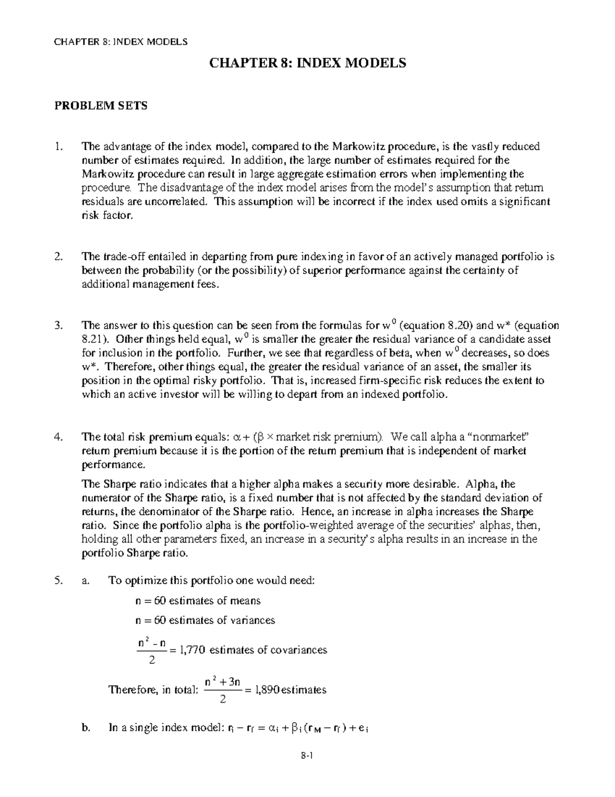 Chapter 8 answer key for investment - CHAPTER 8: INDEX MODELS PROBLEM SETS The advantage of the ...