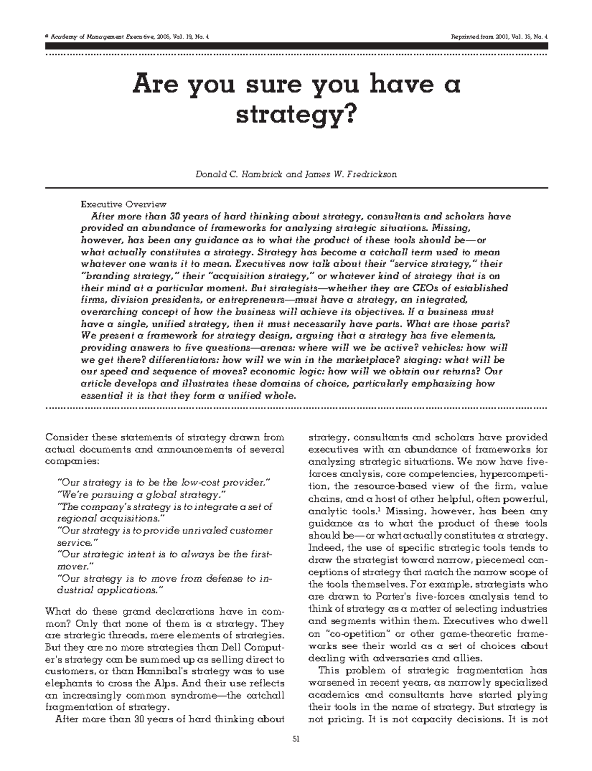 DIamond - nothing special - Are you sure you have a strategy? Donald C ...