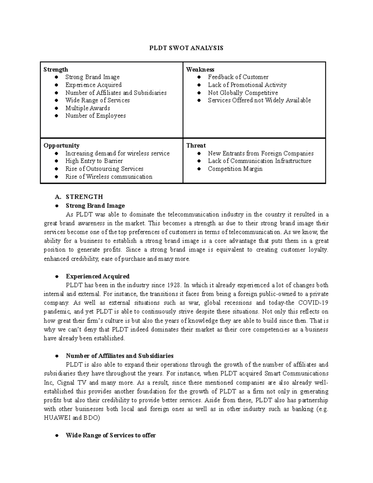 PLDT- Swotpestle - Dr. Juan Dela Cruz - PLDT SWOT ANALYSIS Strength ...