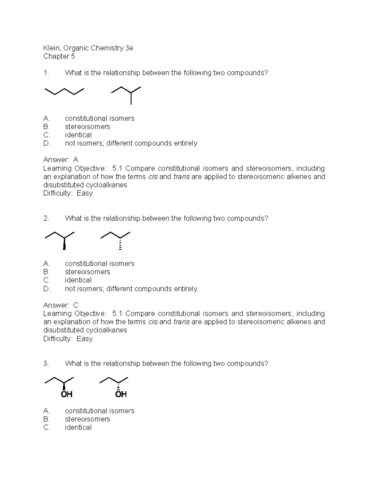 Chapter 5 organic chemistry test bank questions for Klein Orgo 3rd ...
