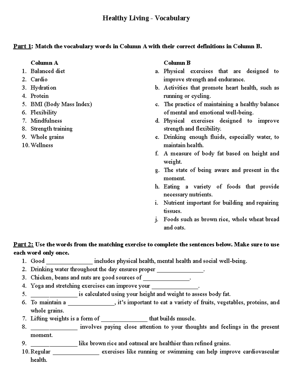 Healthy Living - worksheets, keys and example - Healthy Living ...