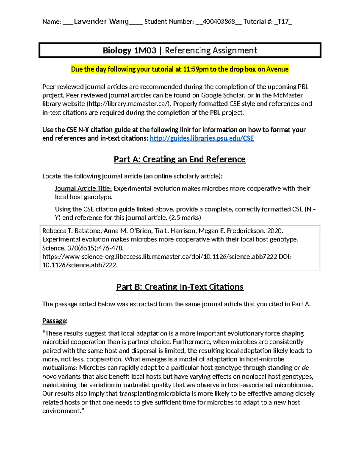 Tutorial 1 Assignment - Referencing - W24 - Name: Lavender Wang_ Student Number: 400403868 ...