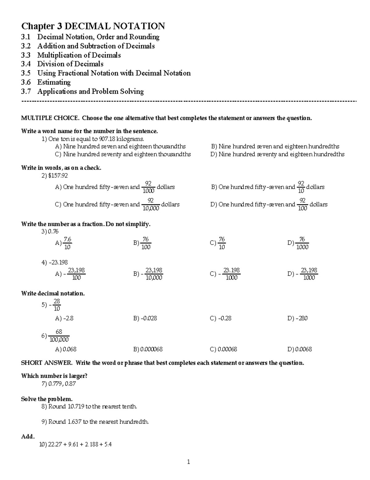 Chapter 3 Review R B Chapter 3 DECIMAL NOTATION 3 Decimal Notation