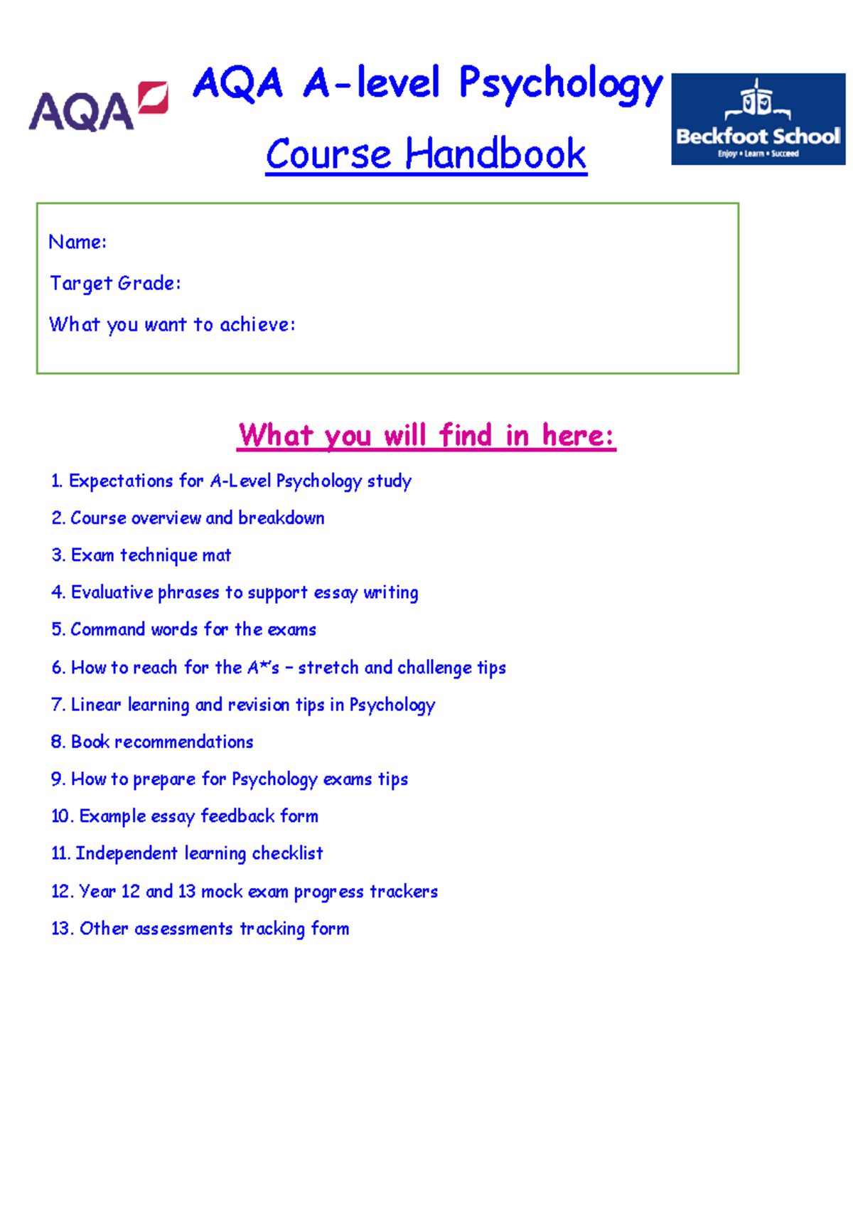Course Handbook 2021 - AQA A-level Psychology Course Handbook What you ...