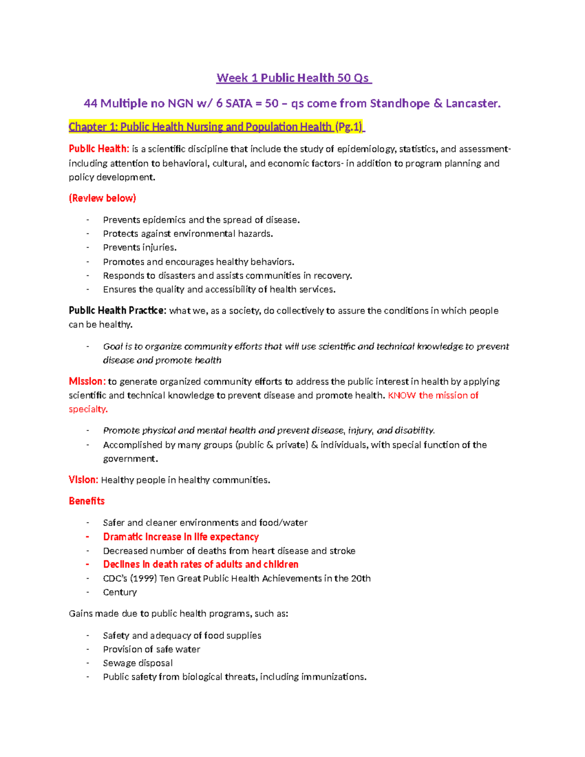 Week 1 Public Health Notes - Week 1 Public Health 50 Qs 44 Multiple no ...