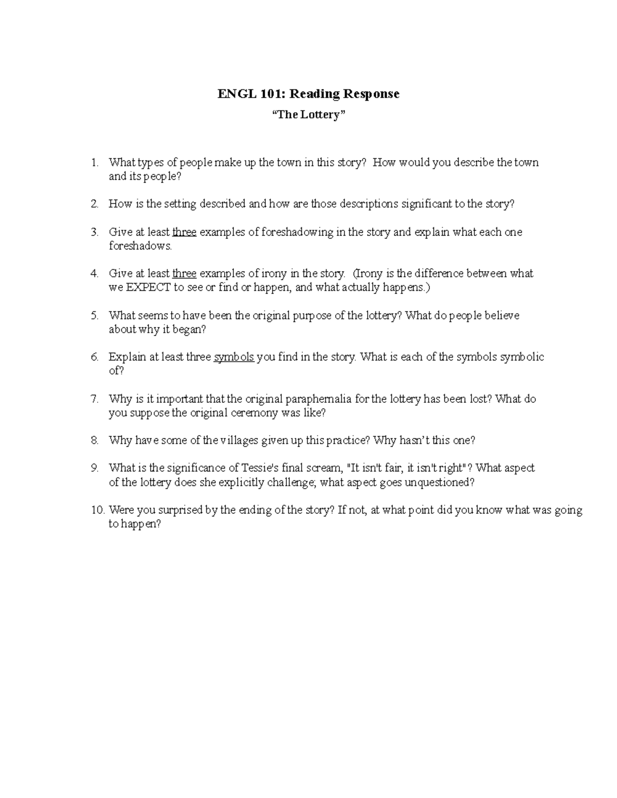 The Lottery Discussion Questions - ENGL 101: Reading Response “The ...