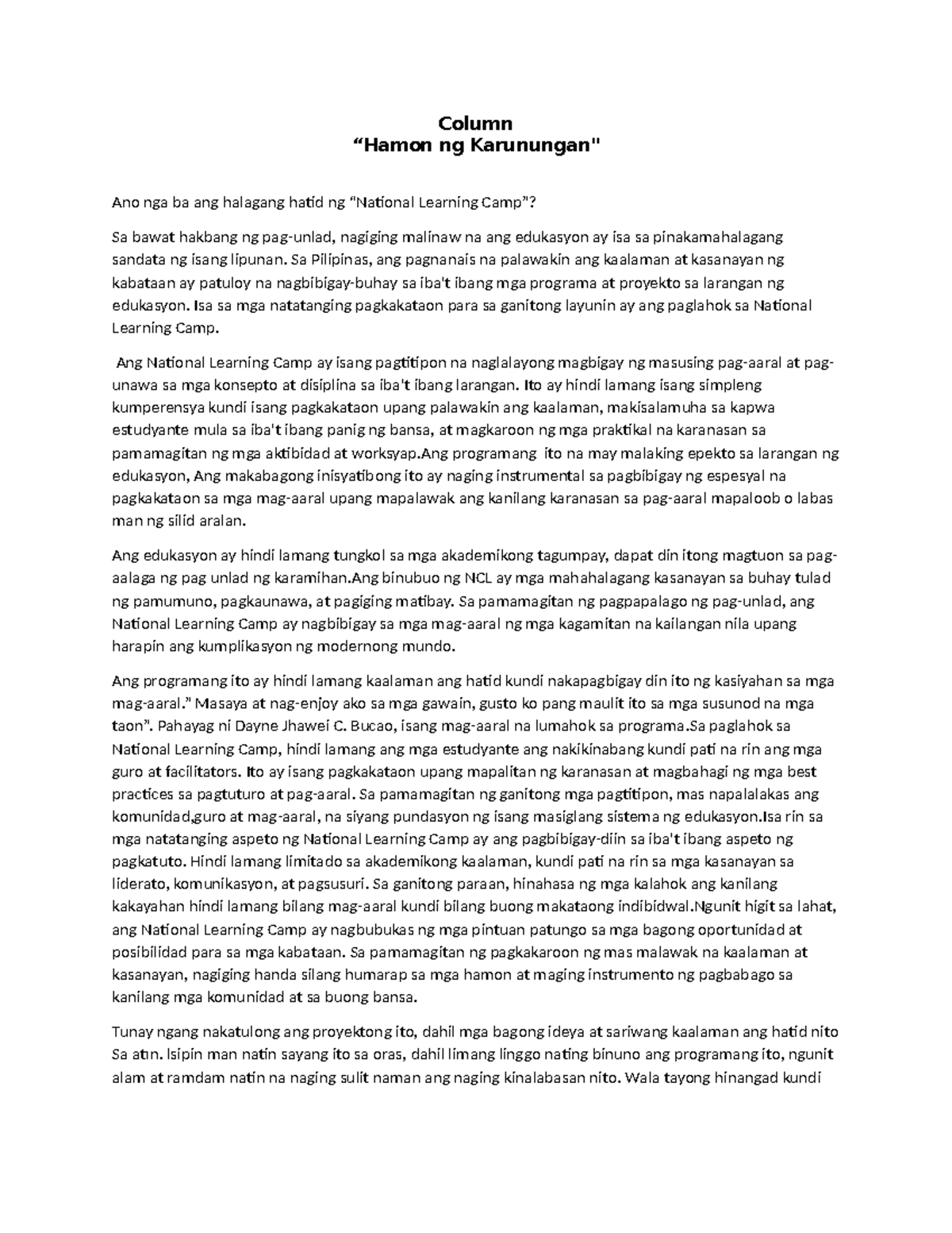 Column-Hamon ng Karunungan- NLC - Column “Hamon ng Karunungan" Ano nga ...