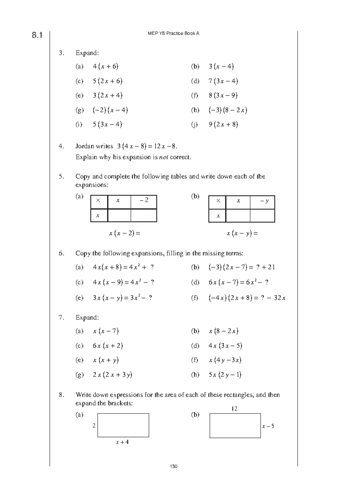 practice sheet.pdf - MEP Y8 Practice Book A 130 Expand: (a) 4 ( x + 6 ) (b) 3 ( x − 4 ) (c) 5 2 ...