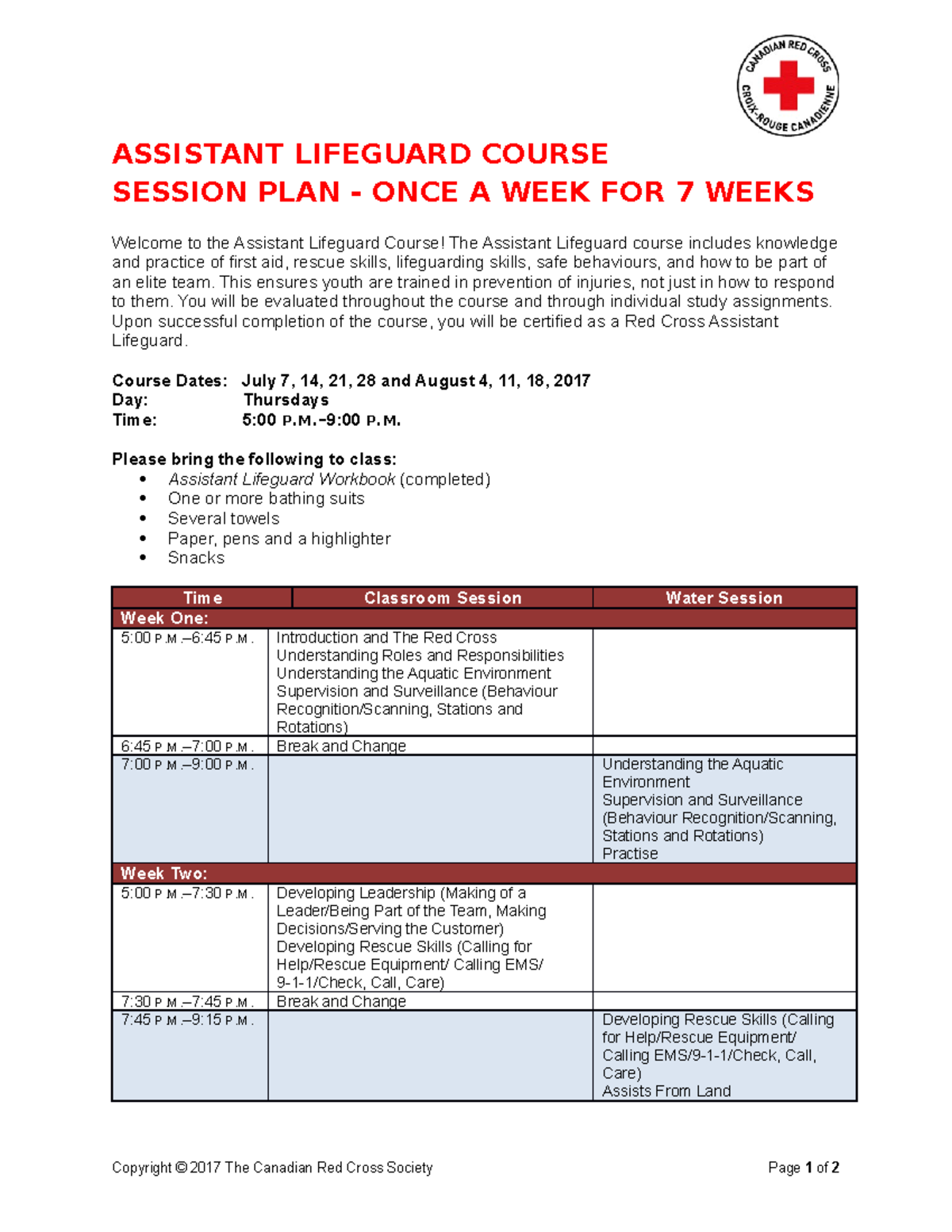 ALG Course Session Plan 7%20weeks Final EN - ASSISTANT LIFEGUARD COURSE ...