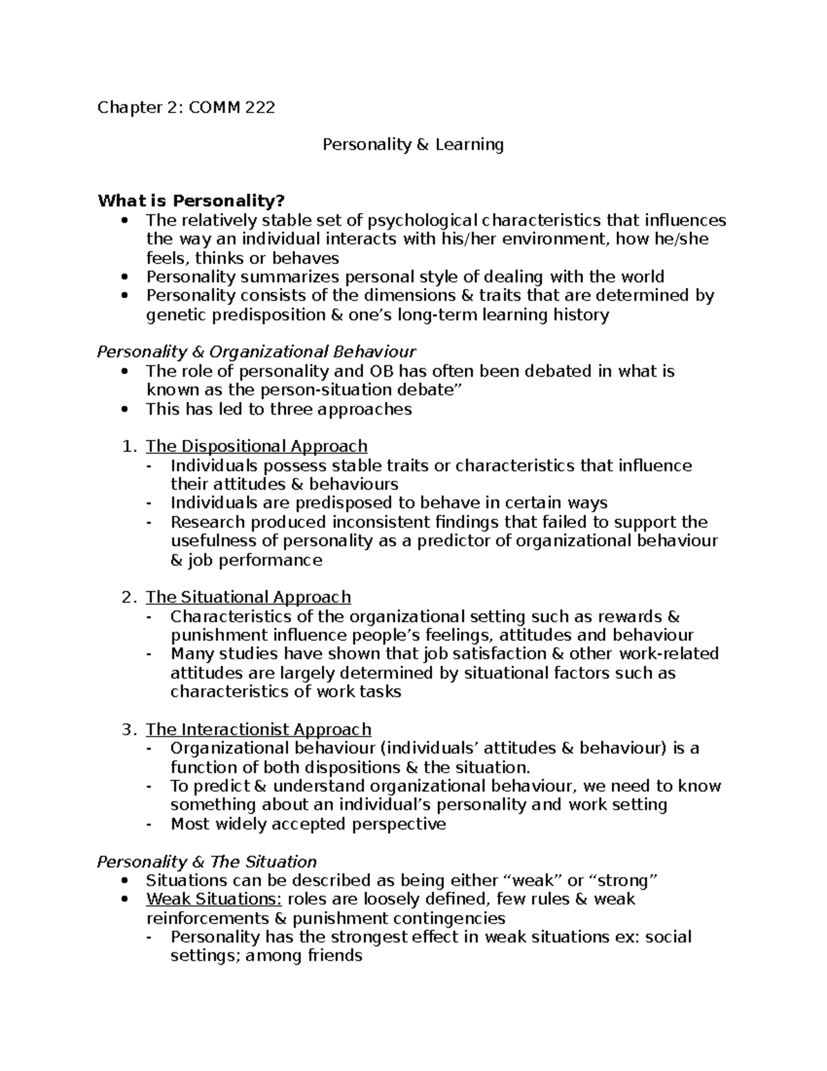 Chapter 2. COMM 222 - Chapter 2: COMM 222 Personality & Learning What ...
