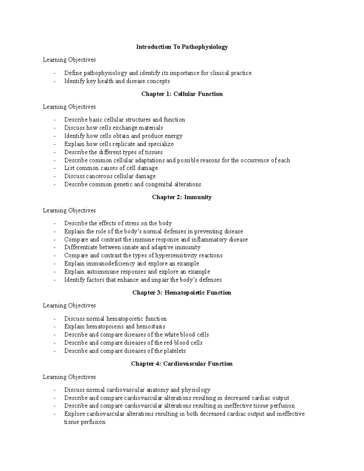 List of Chapters for Pathophysiology - Introduction To Pathophysiology Learning Objectives ...