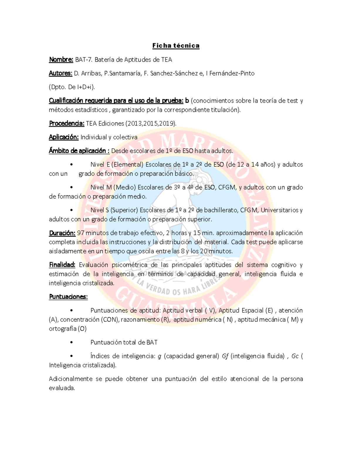 Ficha técnica BAT-7 - Ficha tÈcnica Nombre: BAT-7. BaterÌa de Aptitudes de TEA Autores: D ...