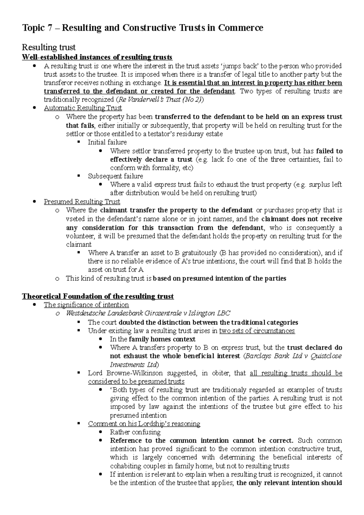 Topic 7 Resulting and Constructive Trust - It is imposed when there is a transfer of legal title ...