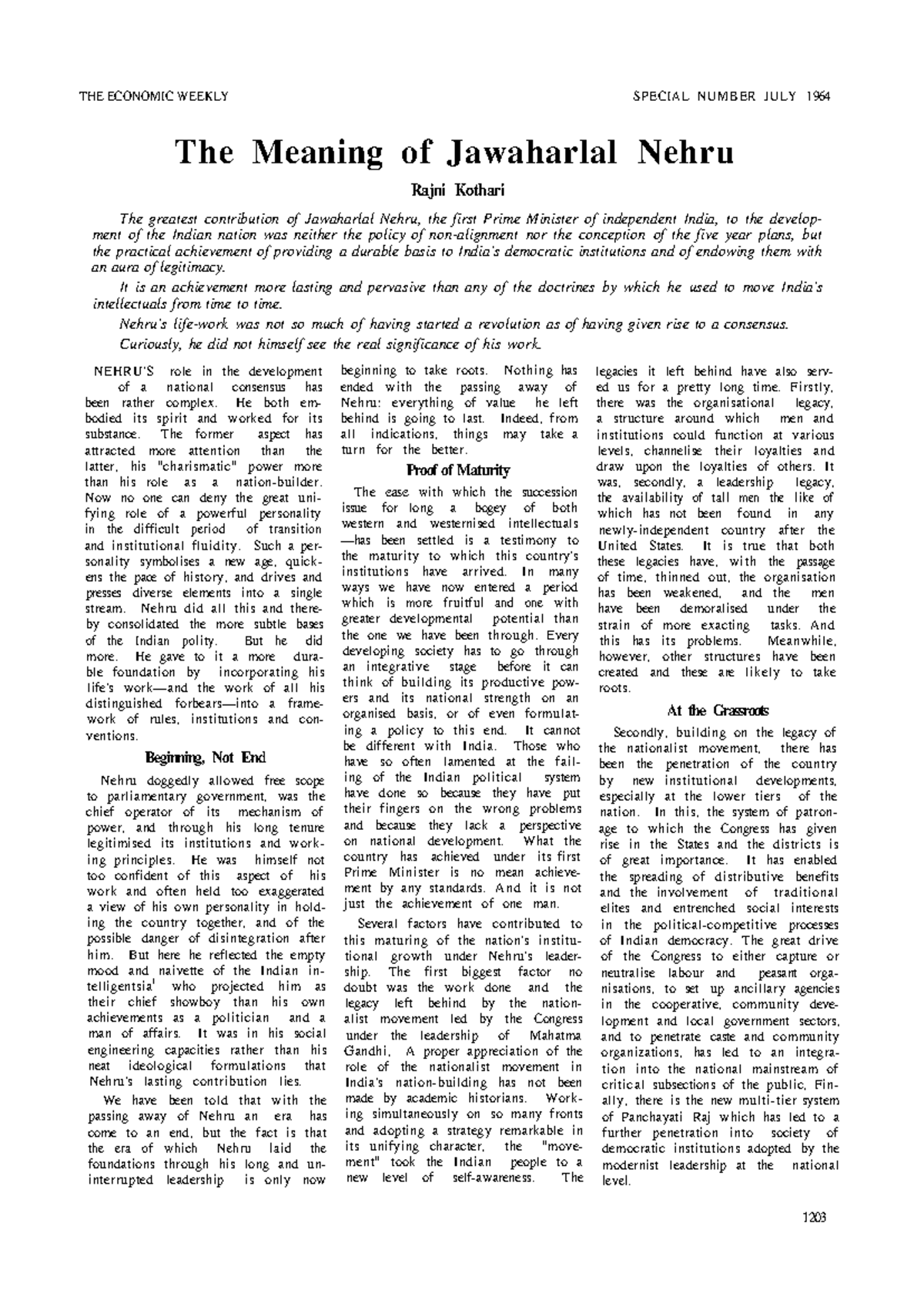 Nehru Rajni Kothari - THE ECONOMIC WEEKLY SPECIAL NUMBER JULY 1964 The ...