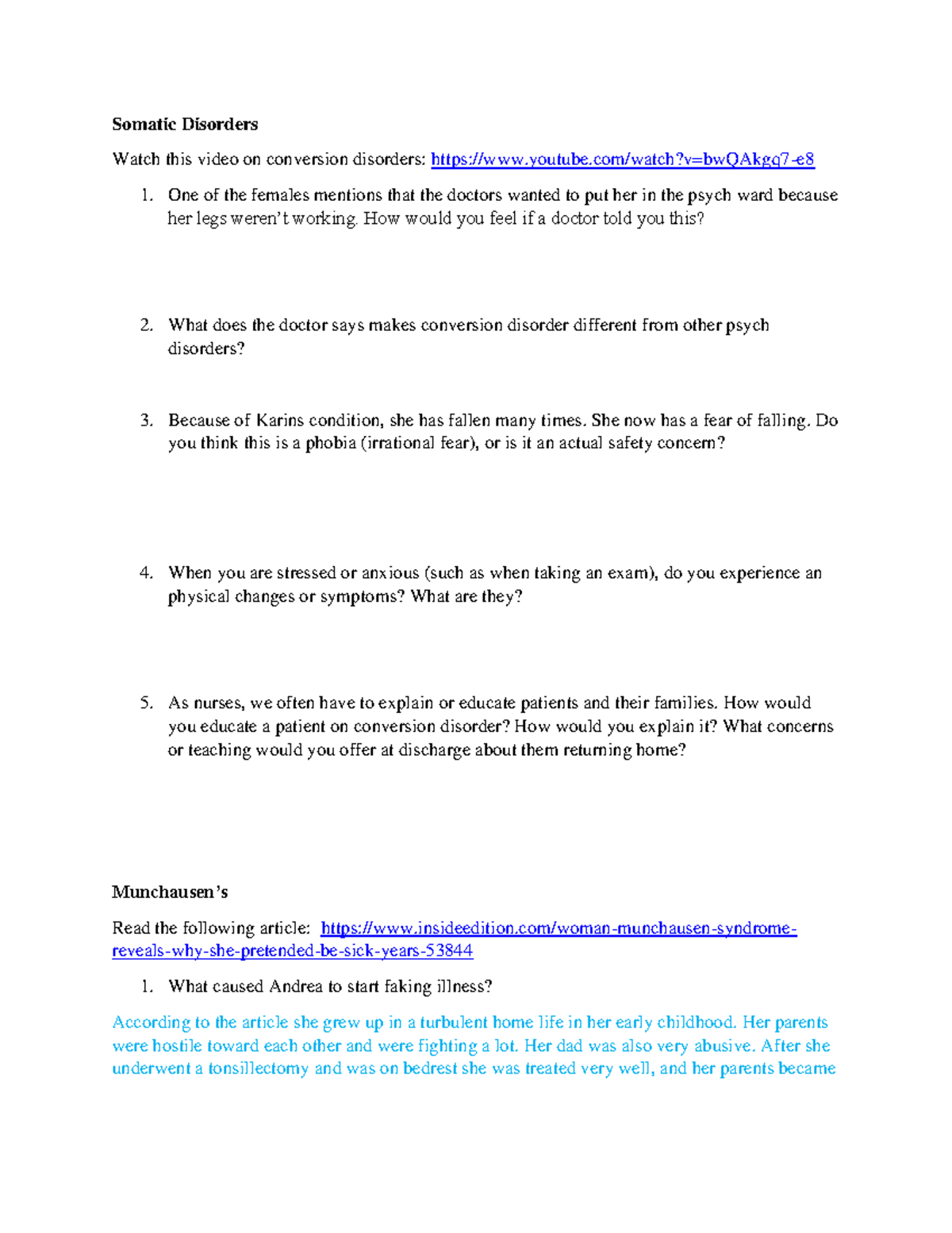 Worksheet 10 - Somatic Disorders Watch this video on conversion ...