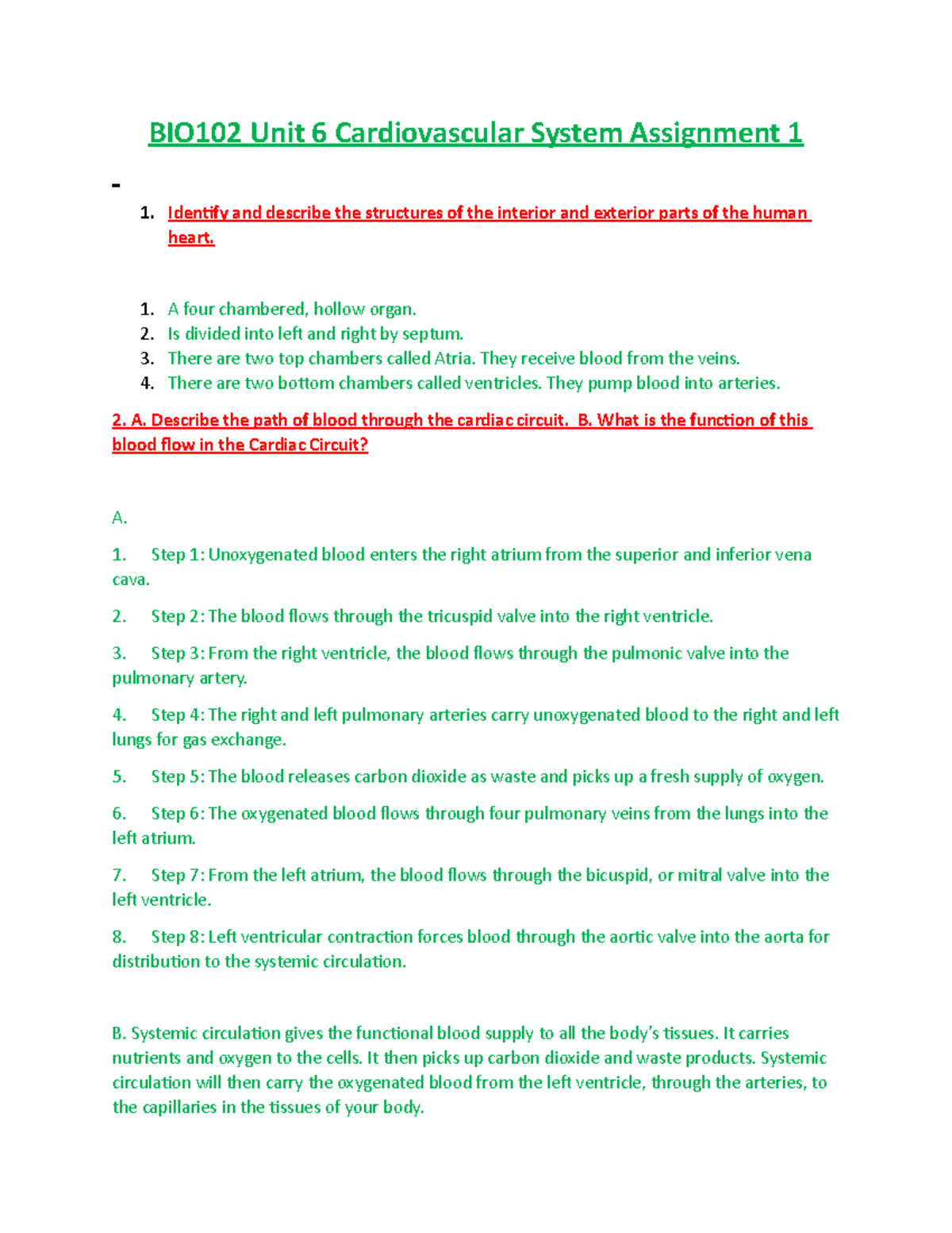 BIO102 Unit 6 Cardiovascular System Assignment 1 - BIO102 Unit 6 ...