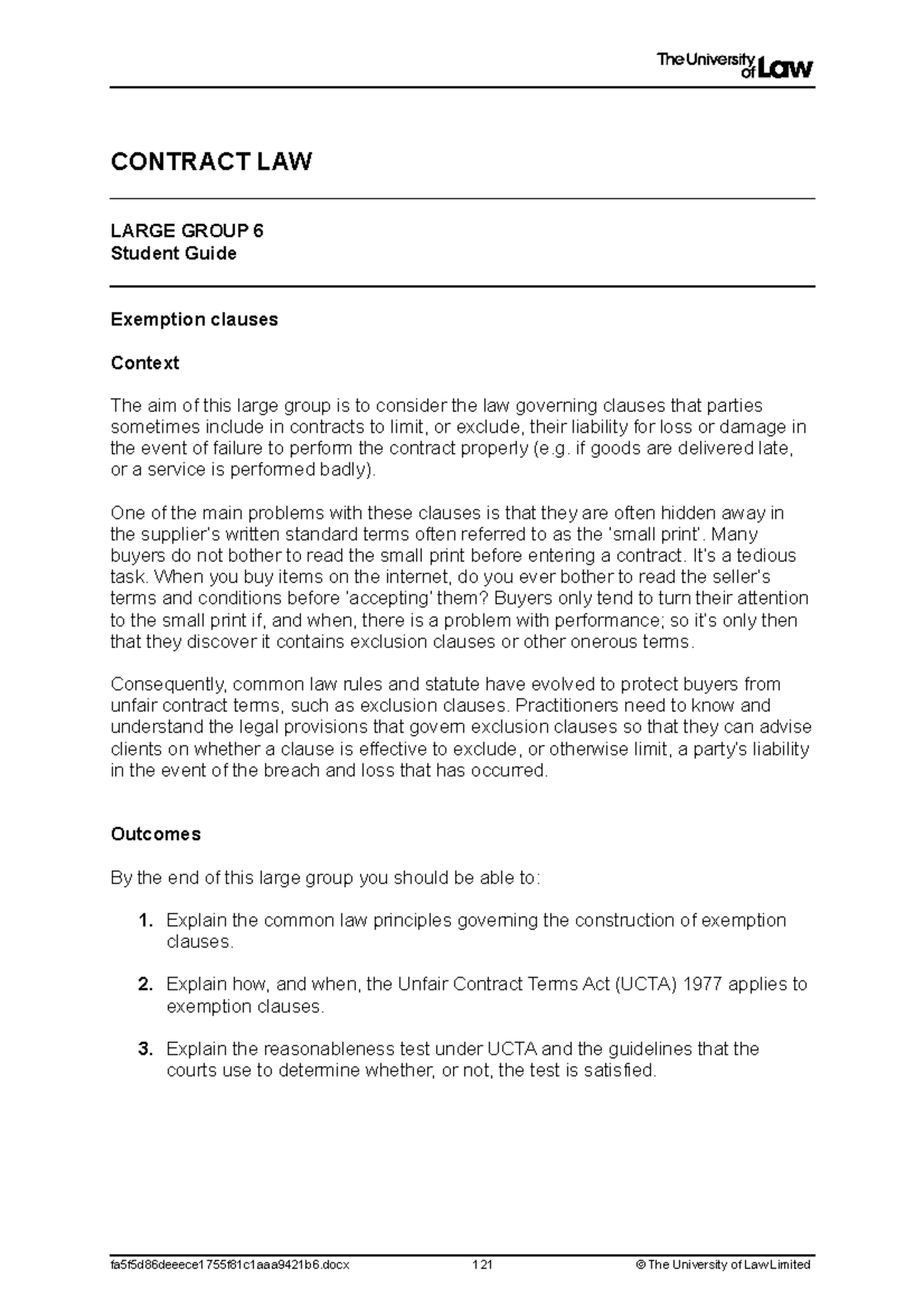 2122 cont lg06 ce01 student guide - CONTRACT LAW LARGE GROUP 6 Student Guide Exemption clauses ...