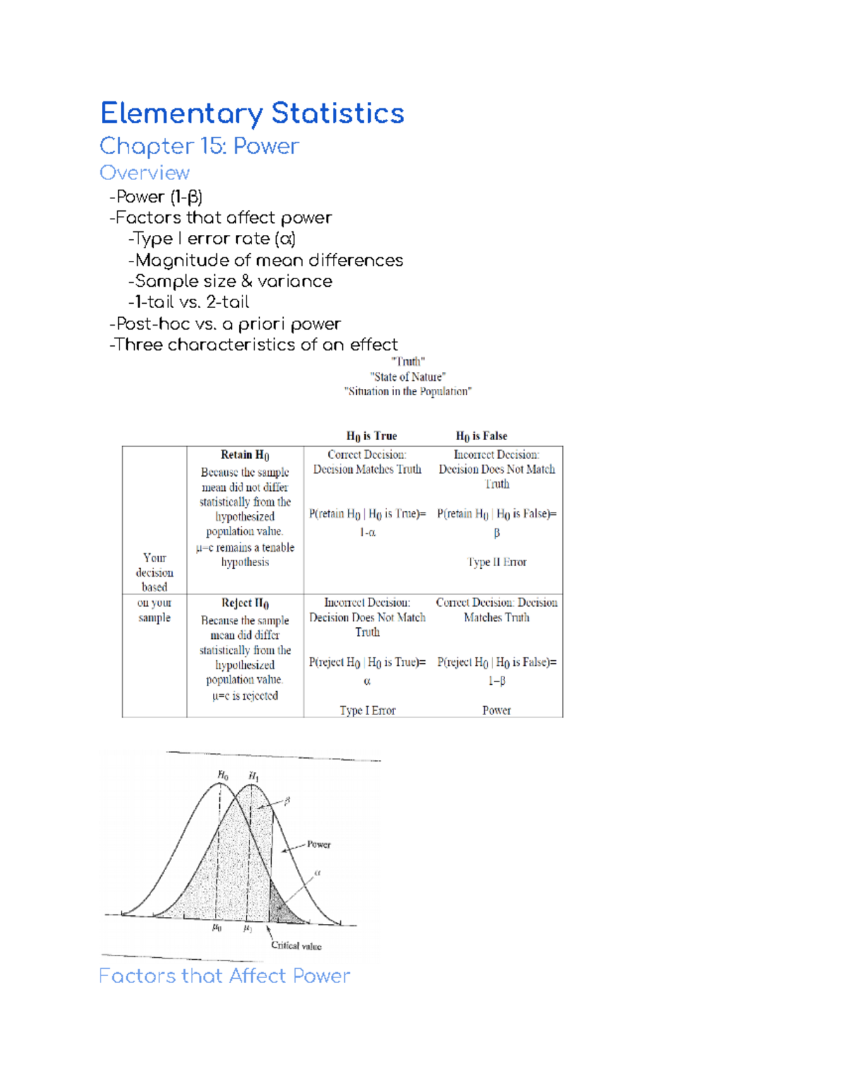 PSYC 301 Chapter 15: Power - PSYC 301 - Elementary Statistics Chapter 15: Power Overview -Power ...