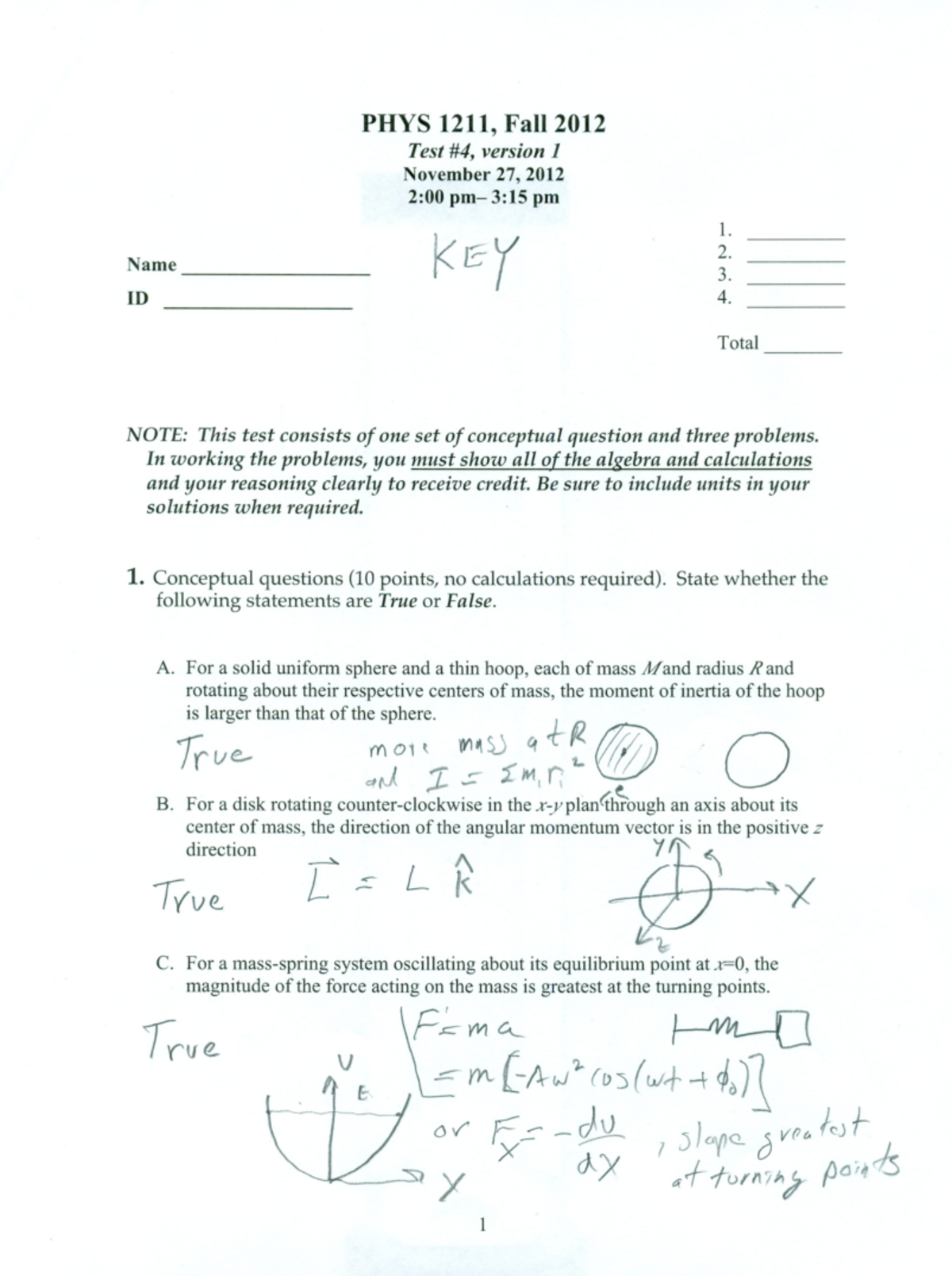 Test4v1y12 - practice exam - PHYS 1211, Fall 2012 Test version 1 ...