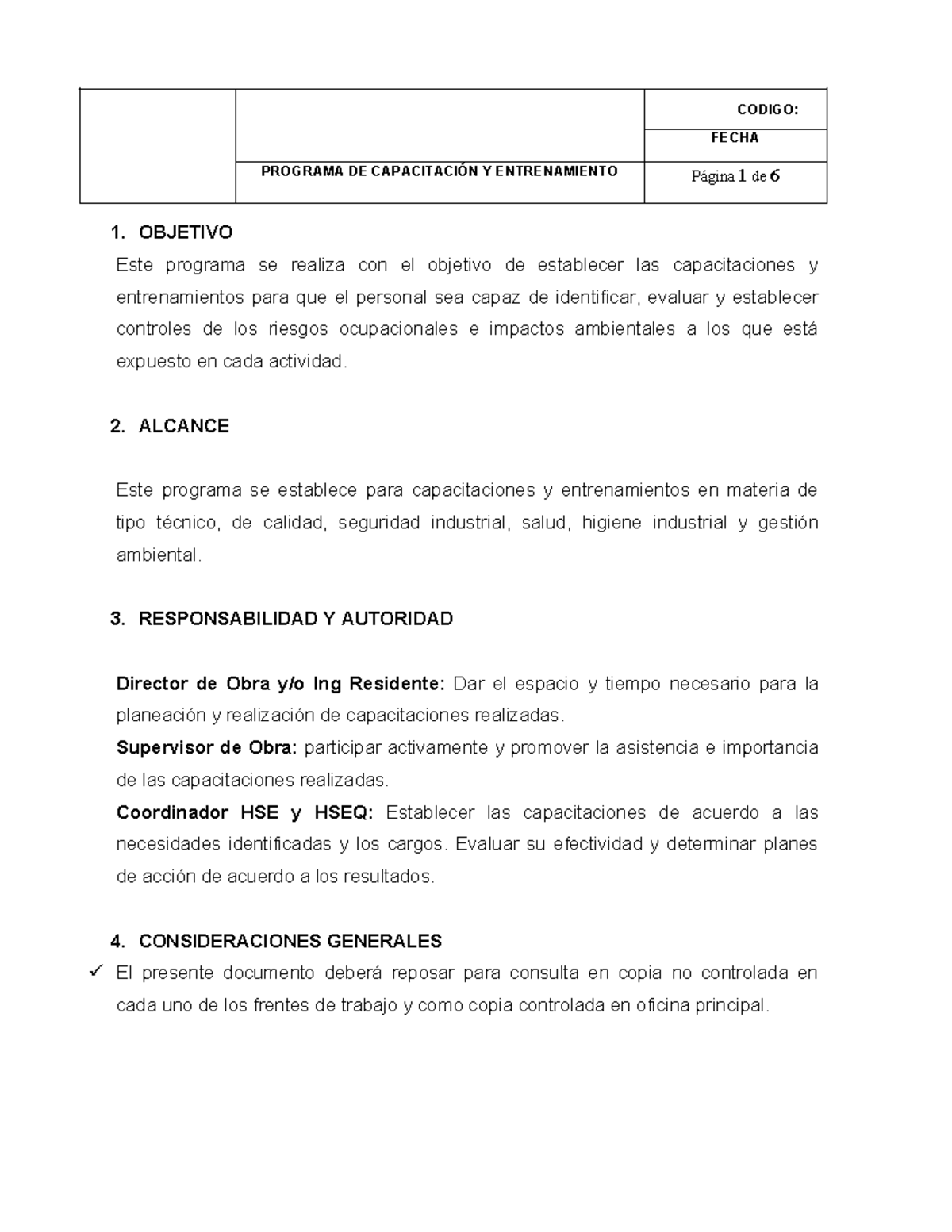 Programa De Capacitacion Y Entrenamiento Fecha Programa De