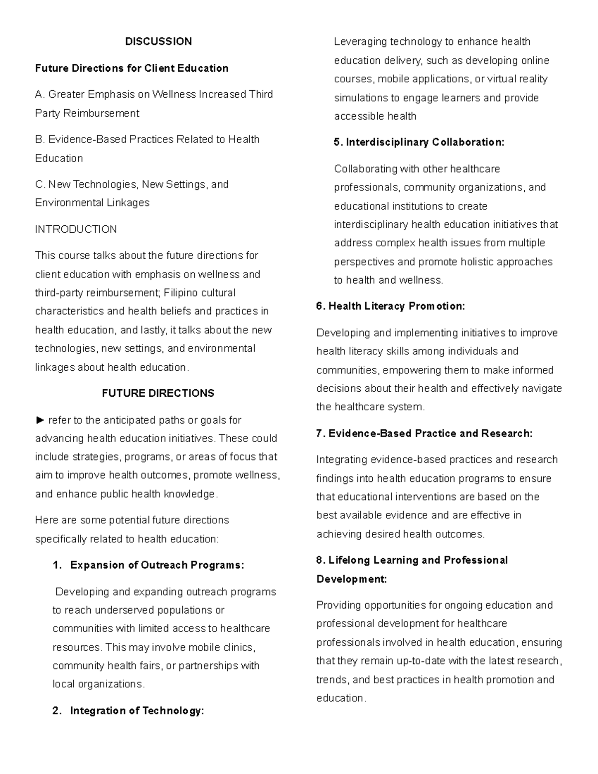 Future Directions and EBP notes - DISCUSSION Future Directions for ...