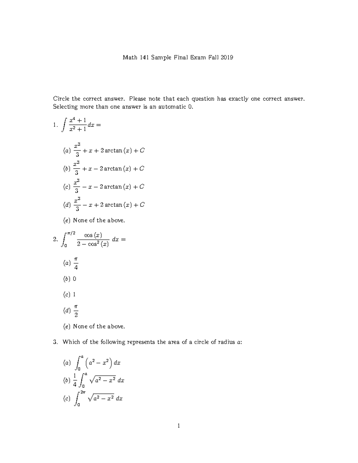 Final 11 December 2019, questions - Math 141 Sample Final Exam Fall ...