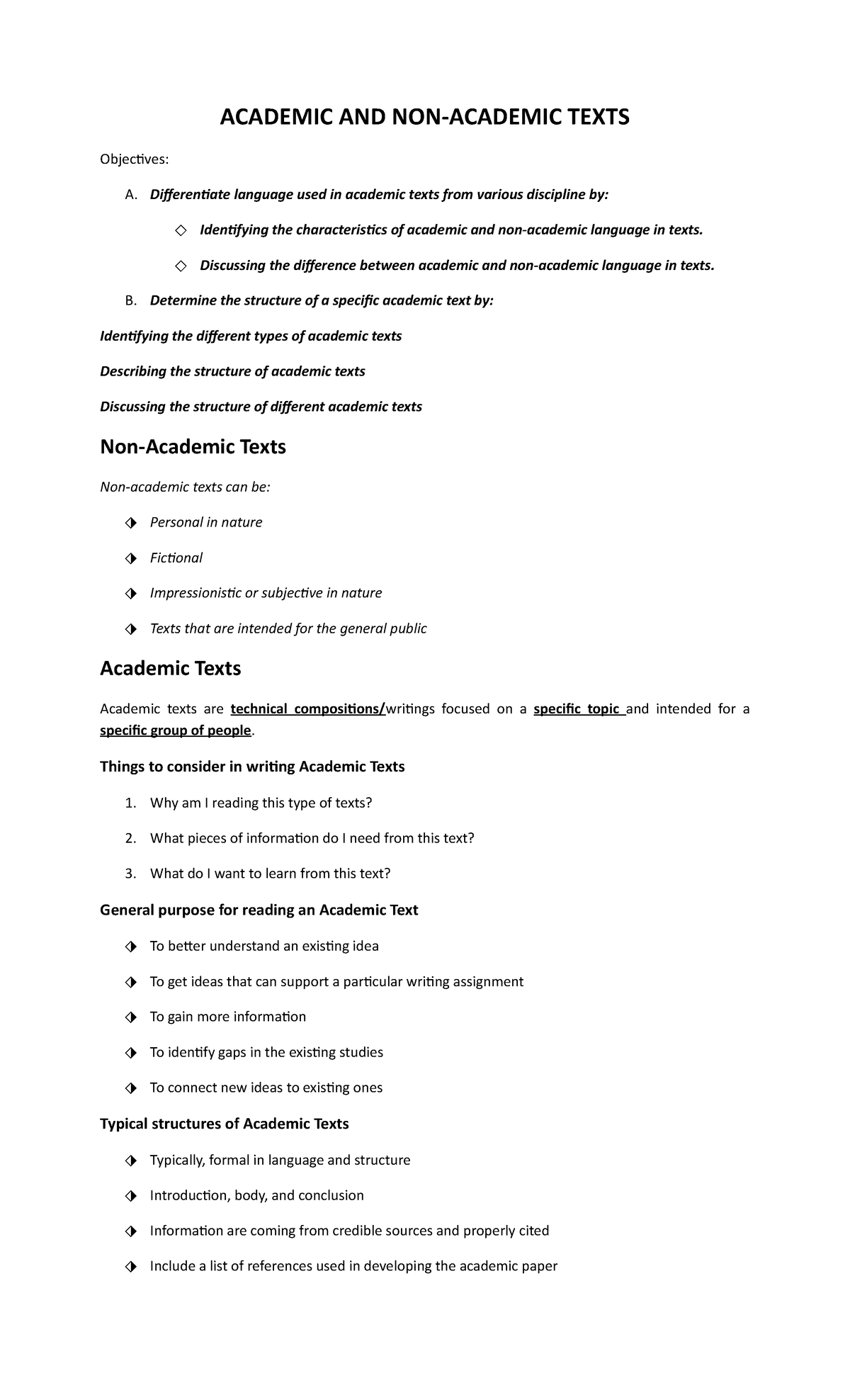 English 121 1STQ Handouts - ACADEMIC AND NON-ACADEMIC TEXTS Objectives ...