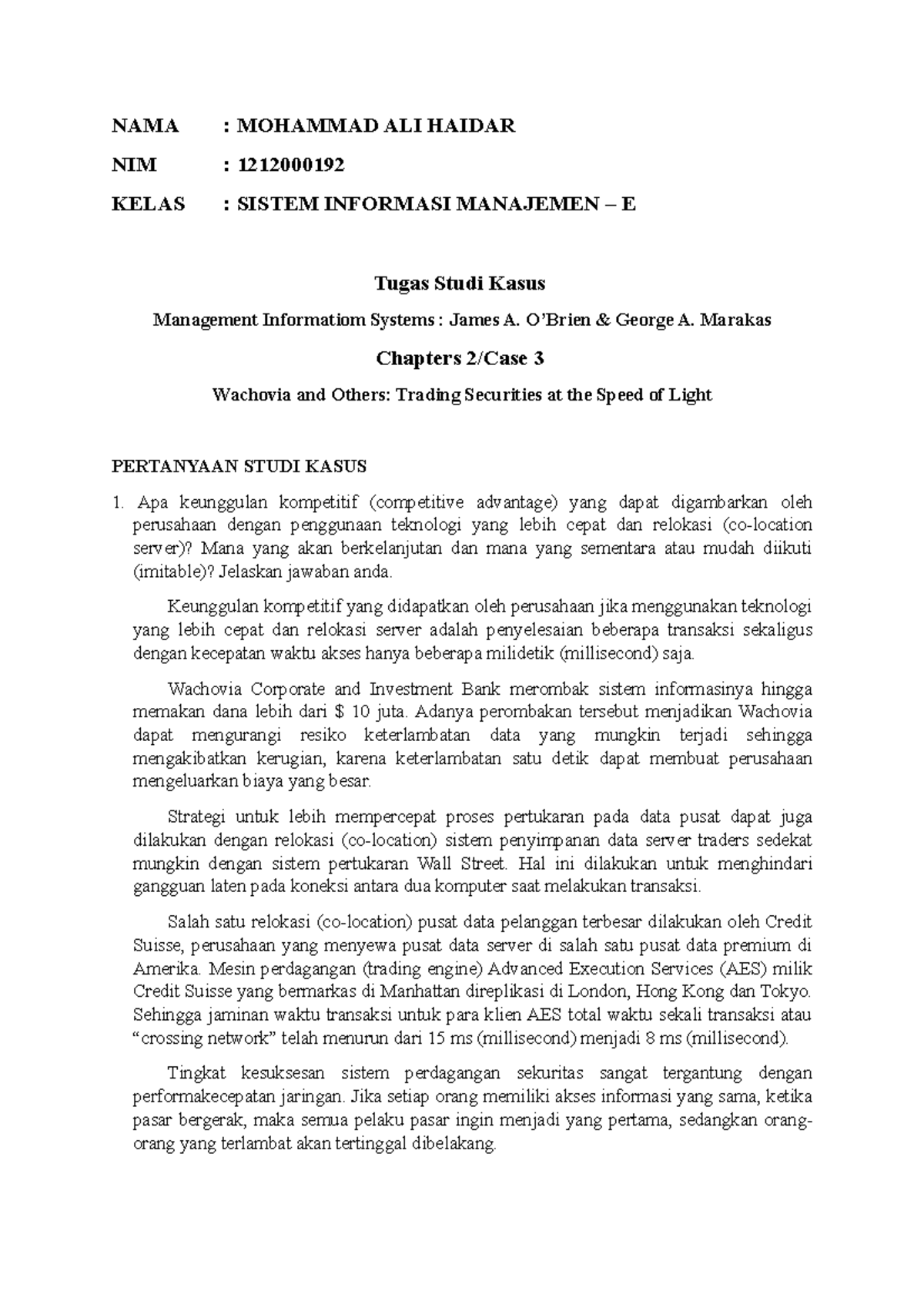 Dokumen SIM - Studi Kasus Buku James O'Brien Chapter 2 Case 3 - NAMA : MOHAMMAD ALI HAIDAR NIM ...