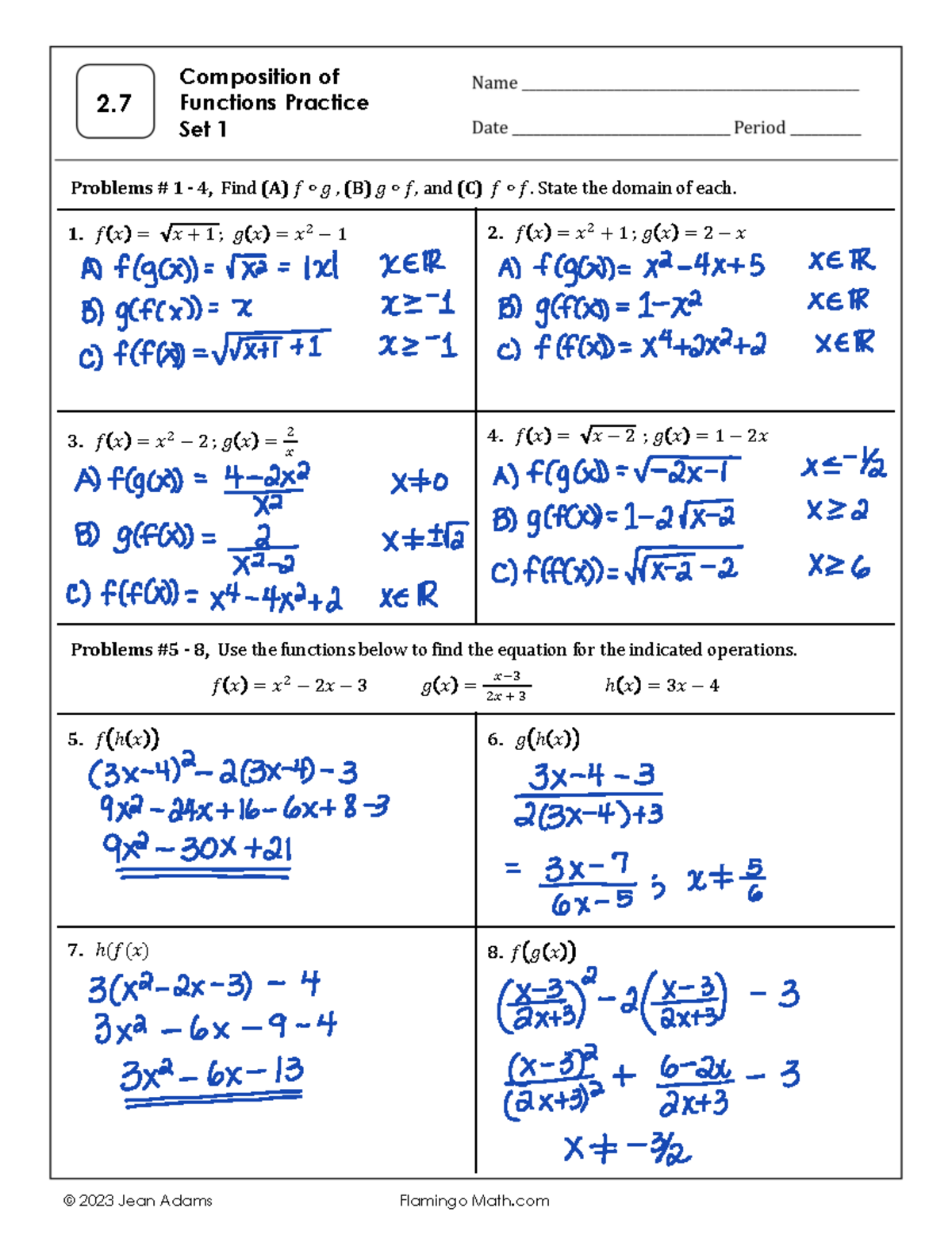 2 - answers - 2. Composition of Functions Practice Set 1 Problems # 1 ...