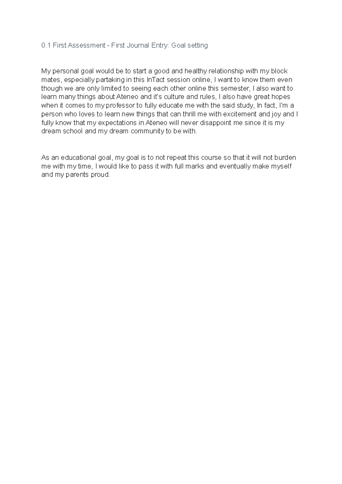 Firstjournalentree - Notes for first journal - 0 First Assessment ...