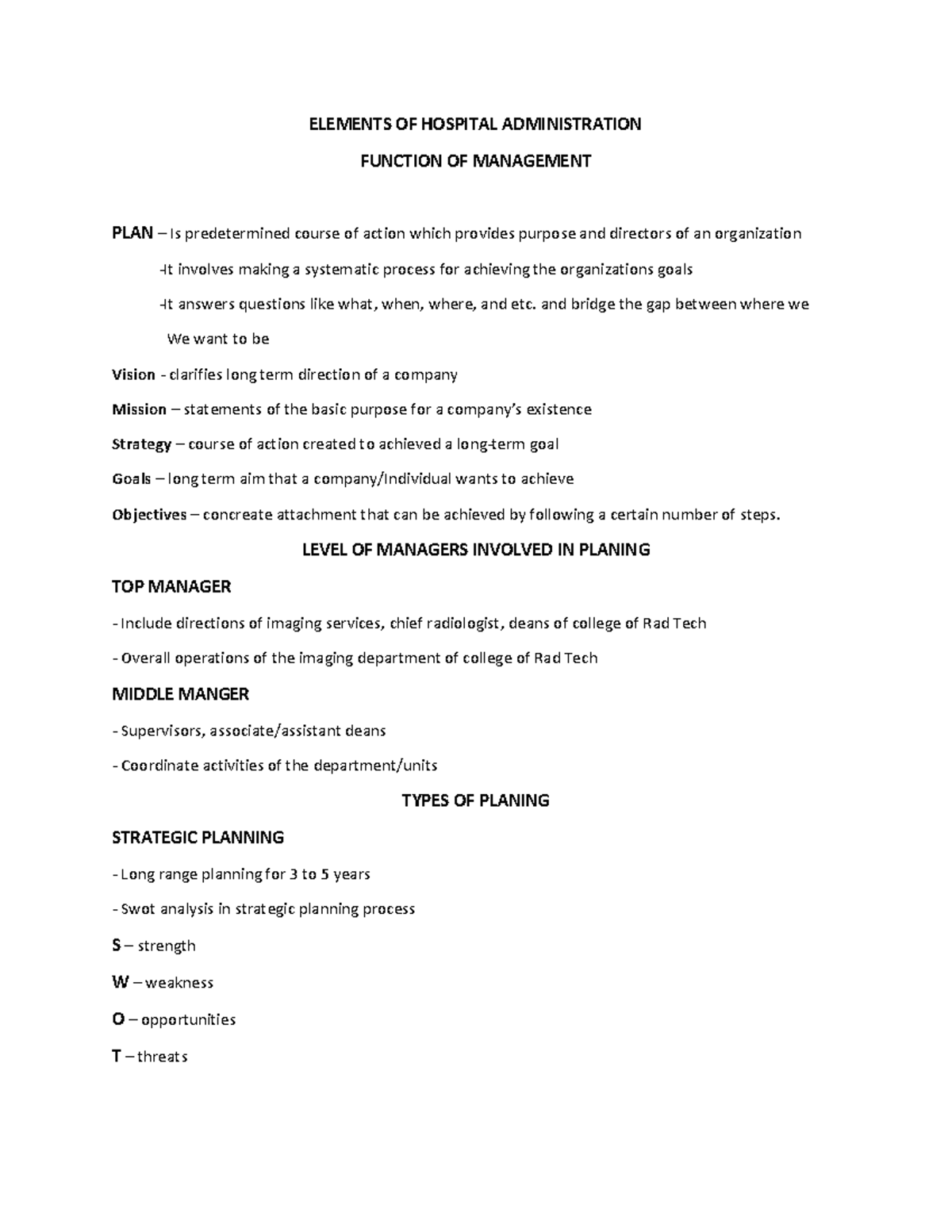 RT1 Intro Midterm Notes - ELEMENTS OF HOSPITAL ADMINISTRATION FUNCTION ...