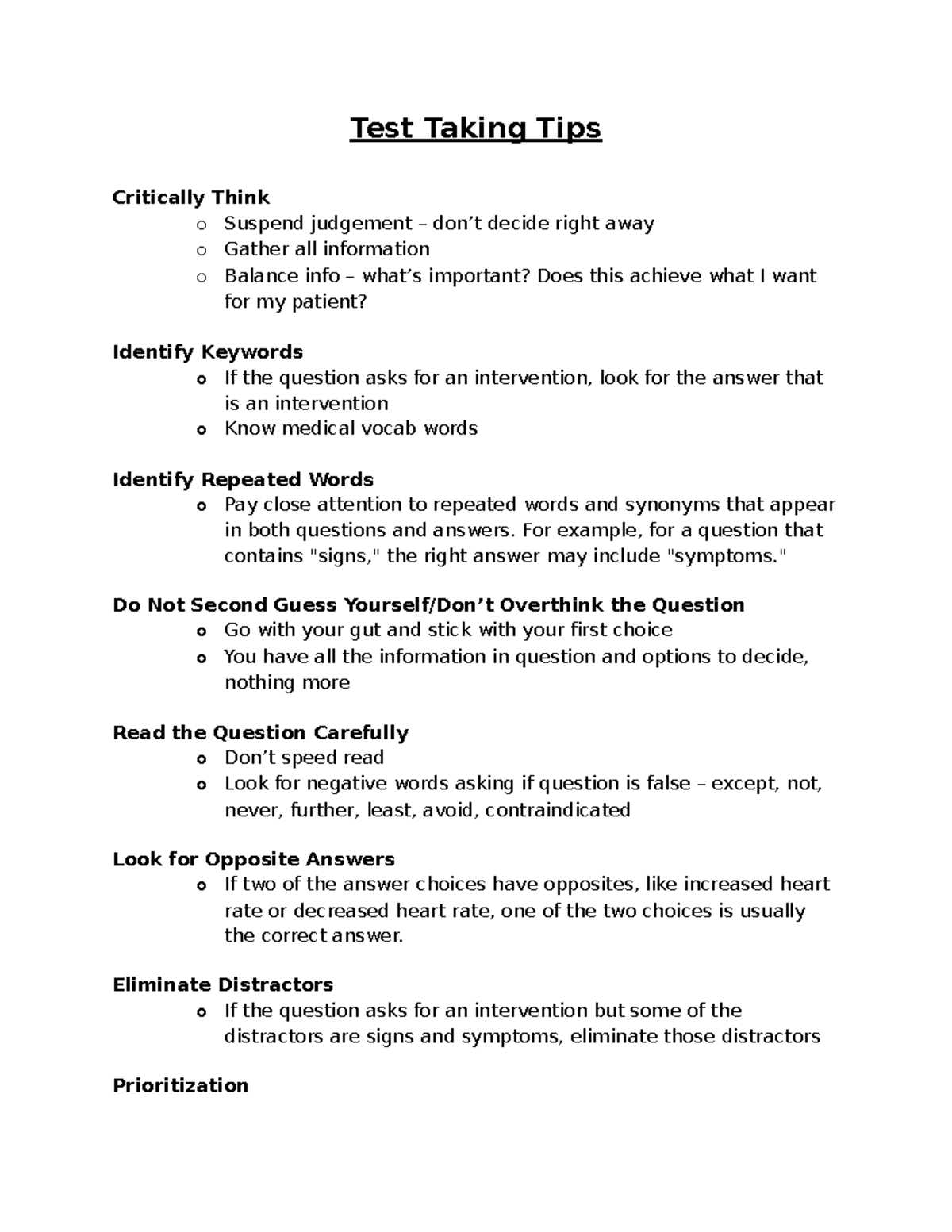 Test Taking Tips - Notes - Test Taking Tips Critically Think o Suspend ...