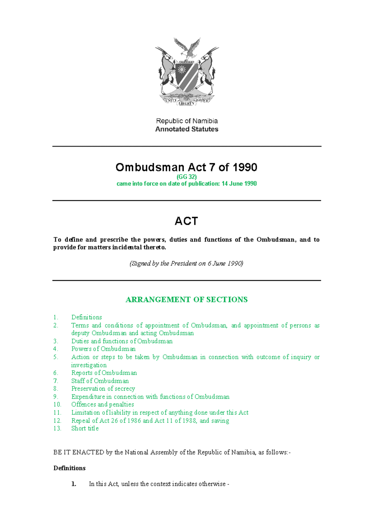 Ombudsman Act 7 of 1990 - Ombudsman Act 7 of 1990 (GG 32) came into ...