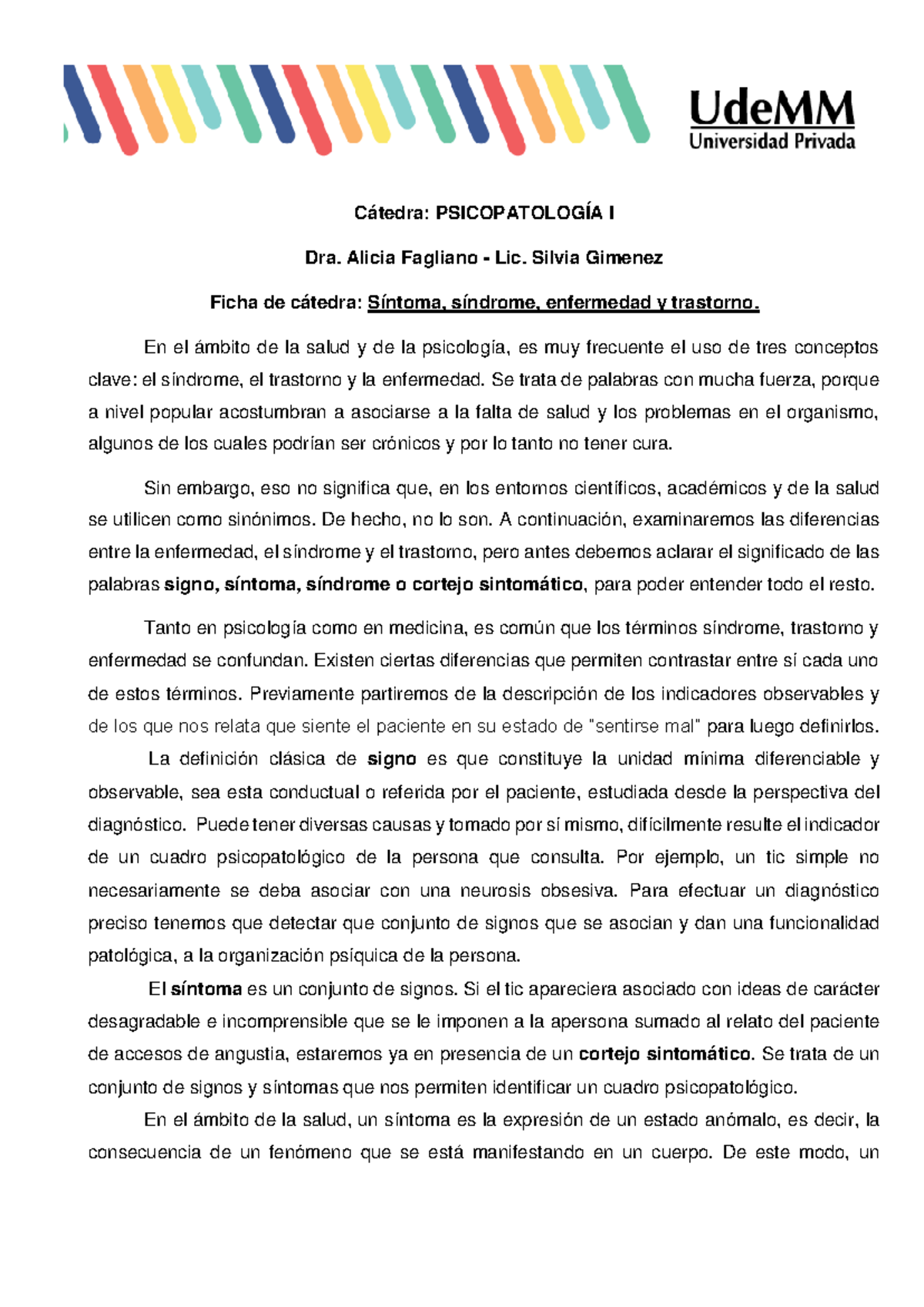 Ficha de cátedra Síntoma, sindrome, enfermedad y trastorno (U ...